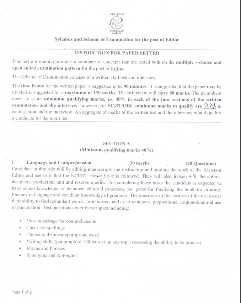 NCERT Syllabus 2024 Assistant Editor, Proof Reader and DTP Operators Download Exam Pattern